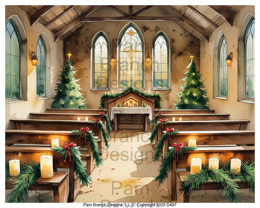 Rice paper for decoupage Christmas church decorated with candles and g ...
