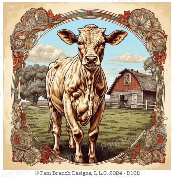 Rice Paper of a Cow in Front of a Barn in Vintage Frame - Decoupage Sh ...